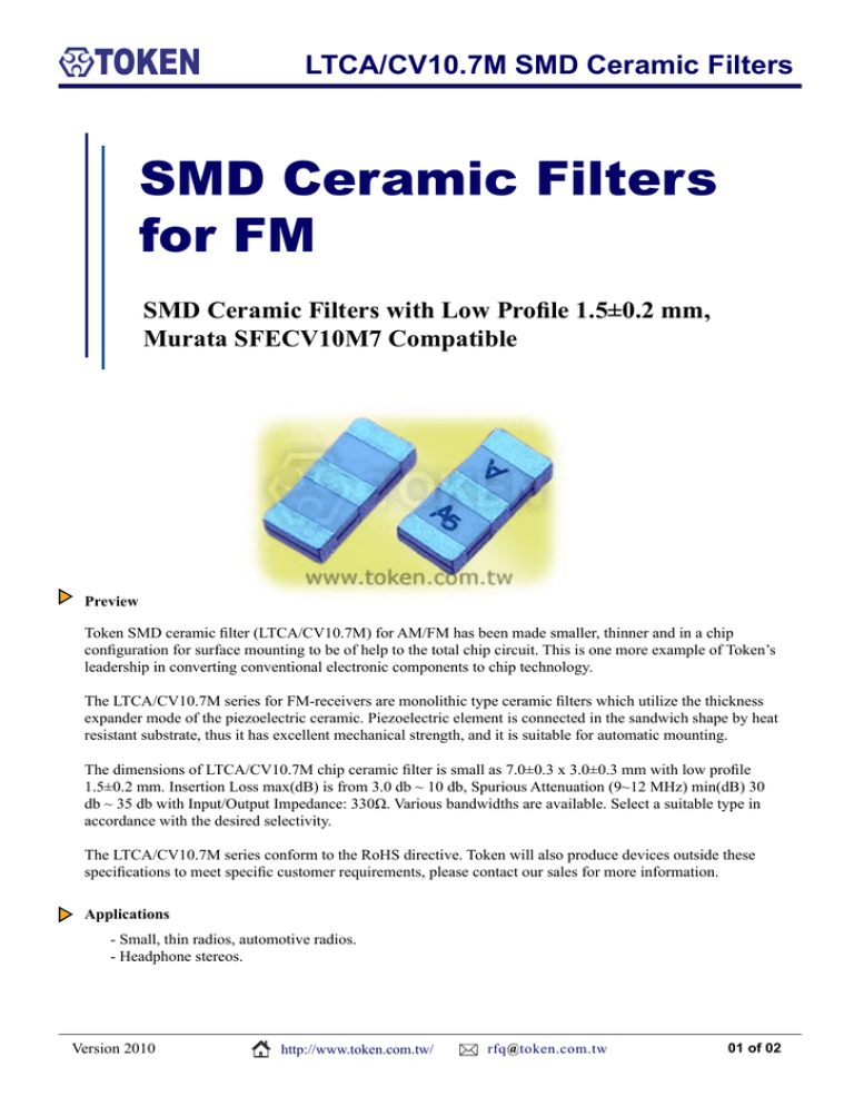 SMD Ceramic Filters for FM - LTCA/CV10.7M Series