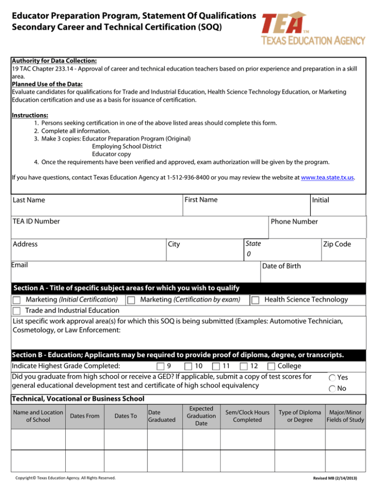 Educator Preparation Program, Statement Of Qualifications