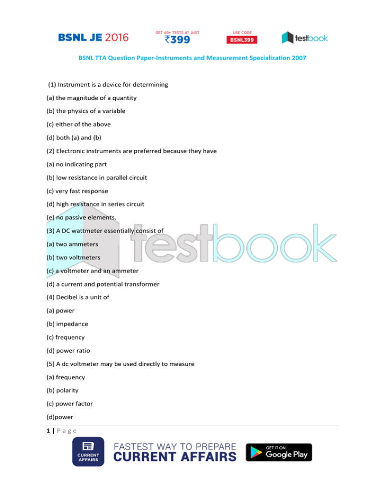 BSNL TTA Question Paper 2007 Instruments and