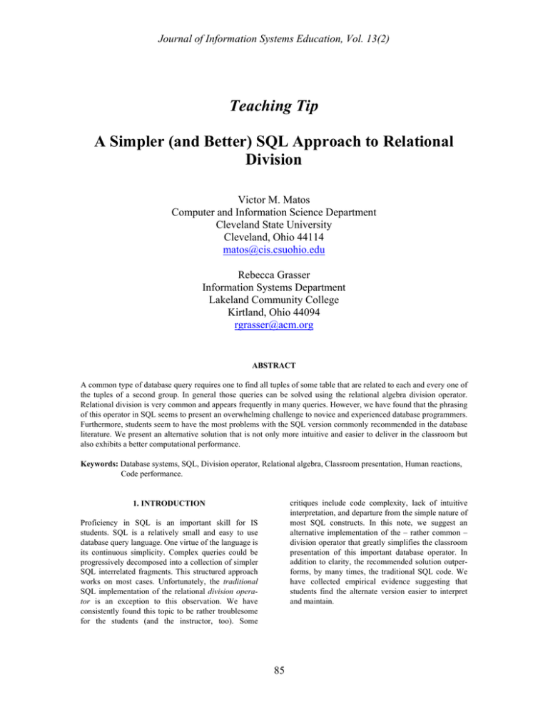 SQL Approach To Relational Division