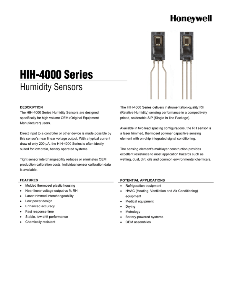 HIH-4000 Humidity Sensor Datasheet | Honeywell