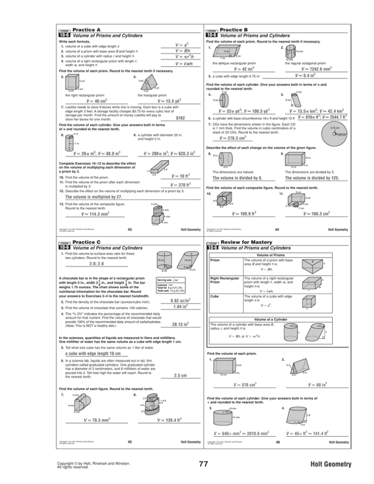 Volume of Prisms and Cylinders Practice Worksheet