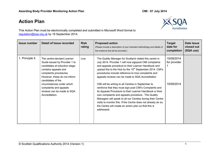 Awarding Body Monitoring Action Plan