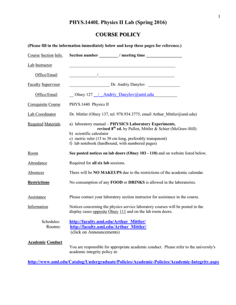 PHYS.1440L Physics II Lab Course Policy (Spring 2016)