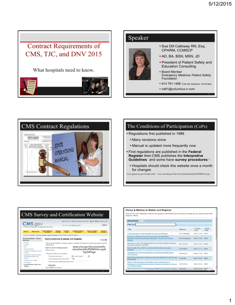 CMS, TJC, DNV Hospital Contract Requirements 2015