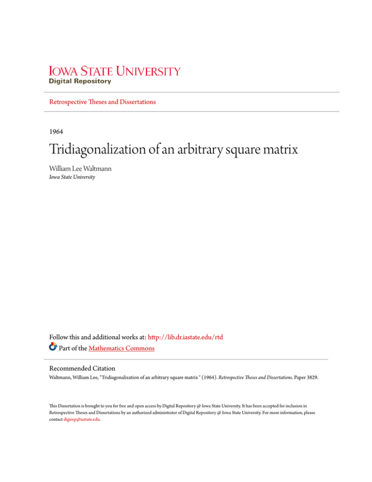 Tridiagonalization Of An Arbitrary Square Matrix