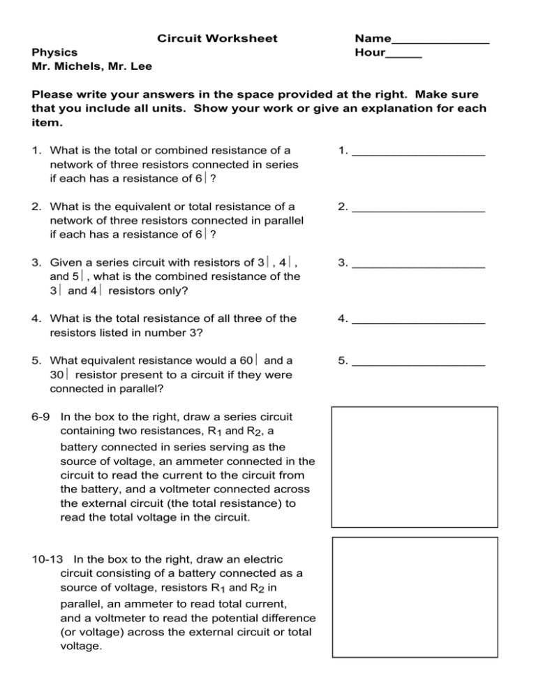 Physics Circuit Worksheet: Series & Parallel Resistors