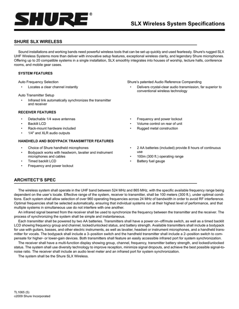 Shure SLX Wireless Specification Sheet