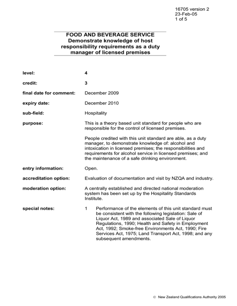 Host Responsibility for Duty Managers: Unit Standard 16705