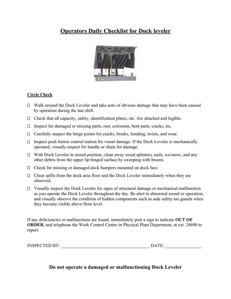 Dock Leveler Daily Checklist for Operators