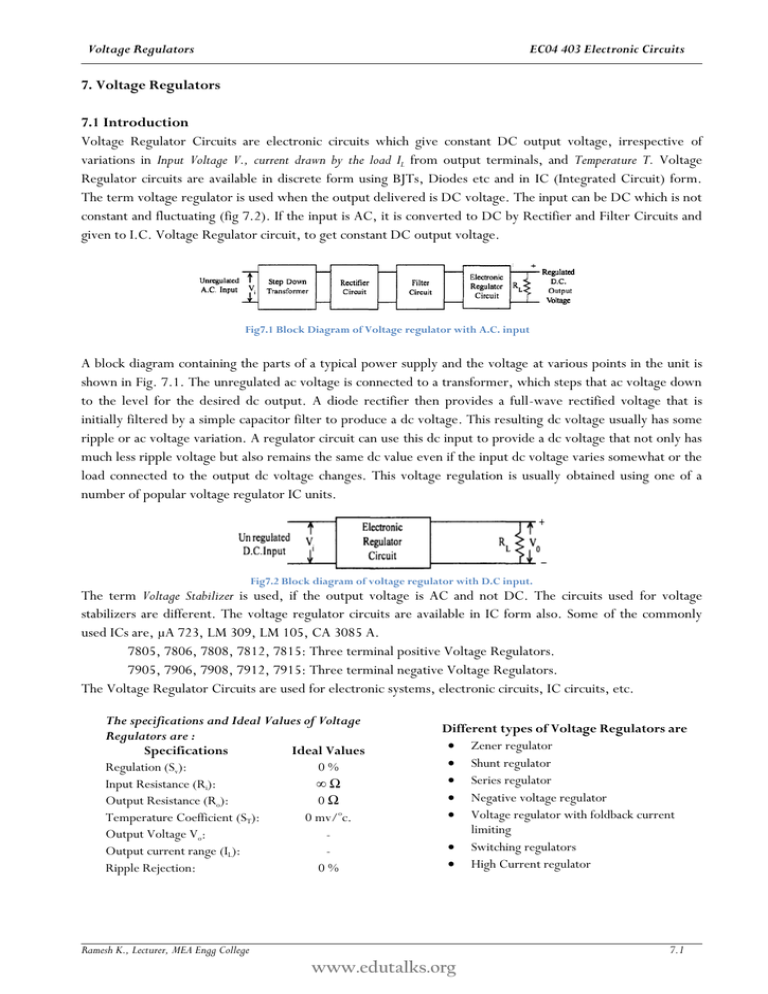 Voltage Regulators: Electronic Circuits Lecture Notes