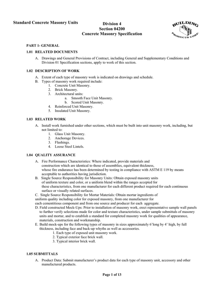 Concrete Masonry Unit Specification | Division 4
