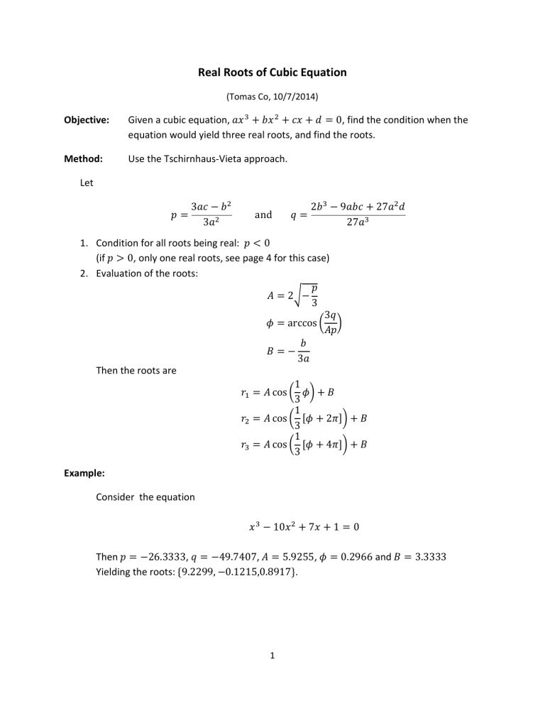 Cubic Equation Real Roots: Tschirnhaus-Vieta Method