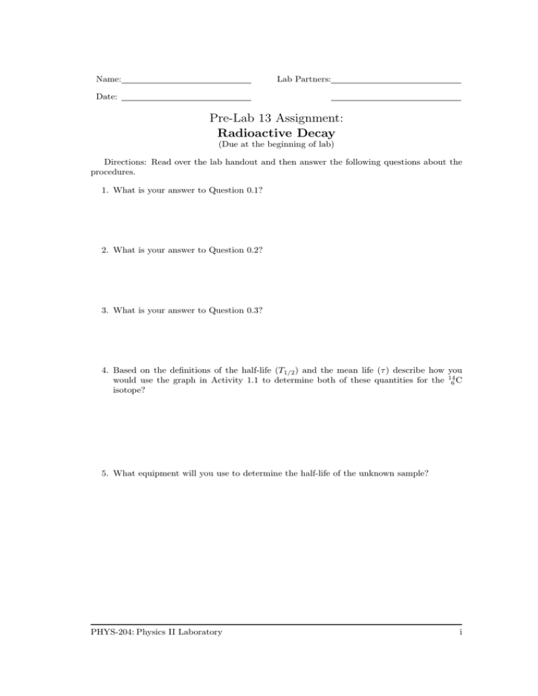 Radioactive Decay Lab Assignment: Half-Life & Decay Constant