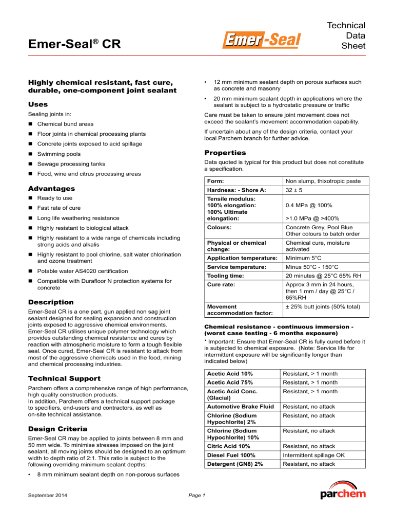 Emer-Seal CR: Chemical Resistant Joint Sealant Data Sheet