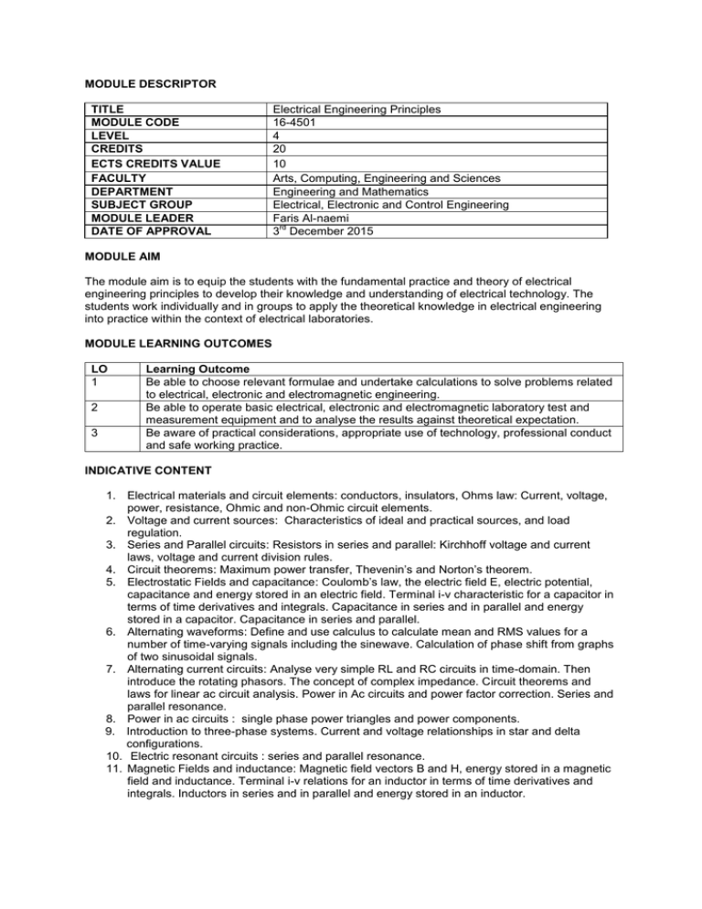 MODULE DESCRIPTOR TITLE Electrical Engineering Principles