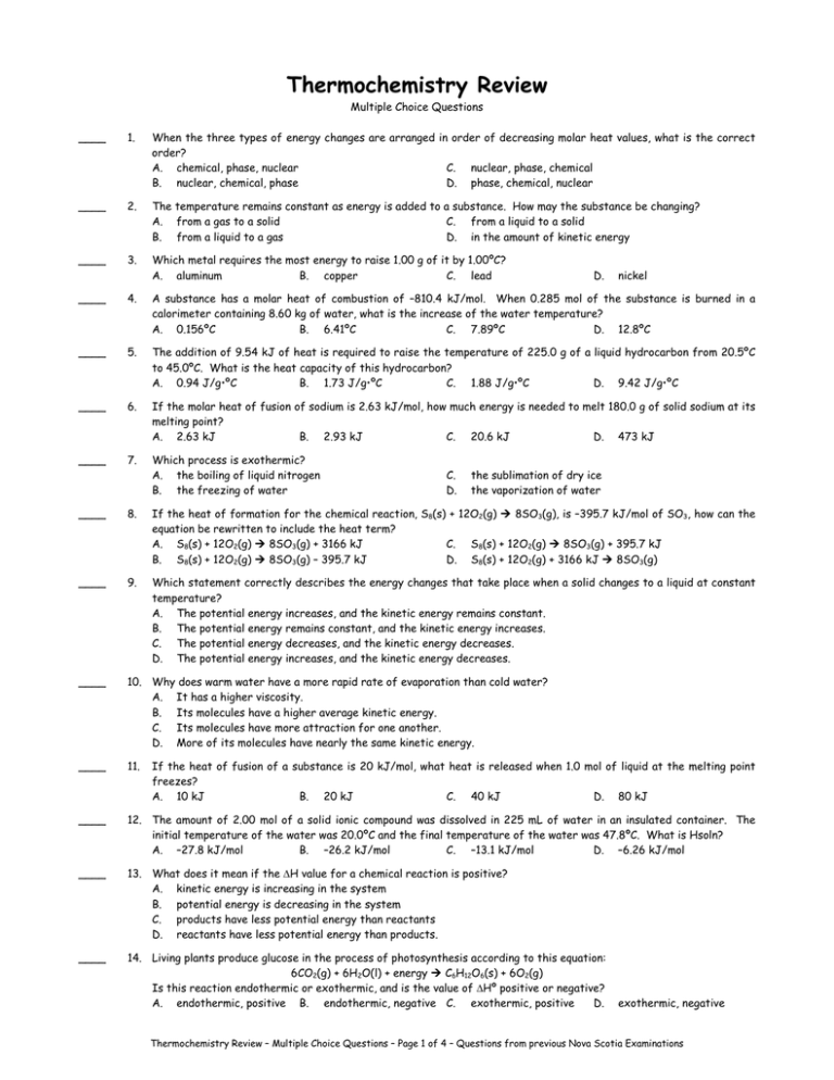 Thermochemistry Review Questions - High School Chemistry