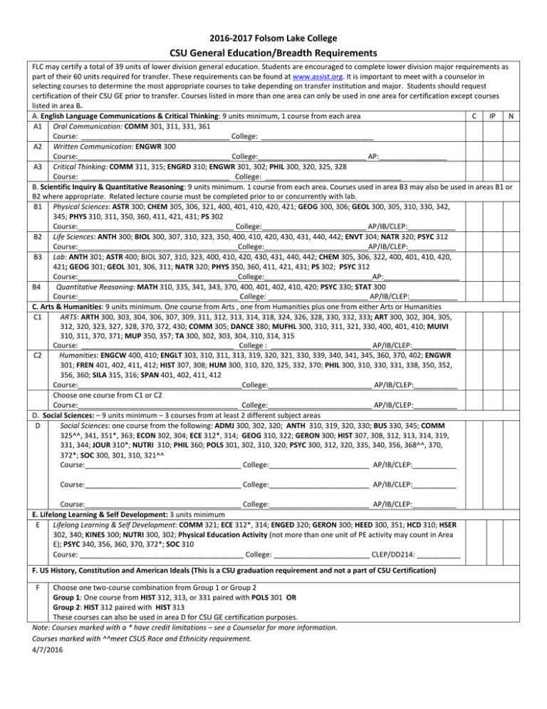 Folsom Lake College CSU GE Requirements 2016-2017