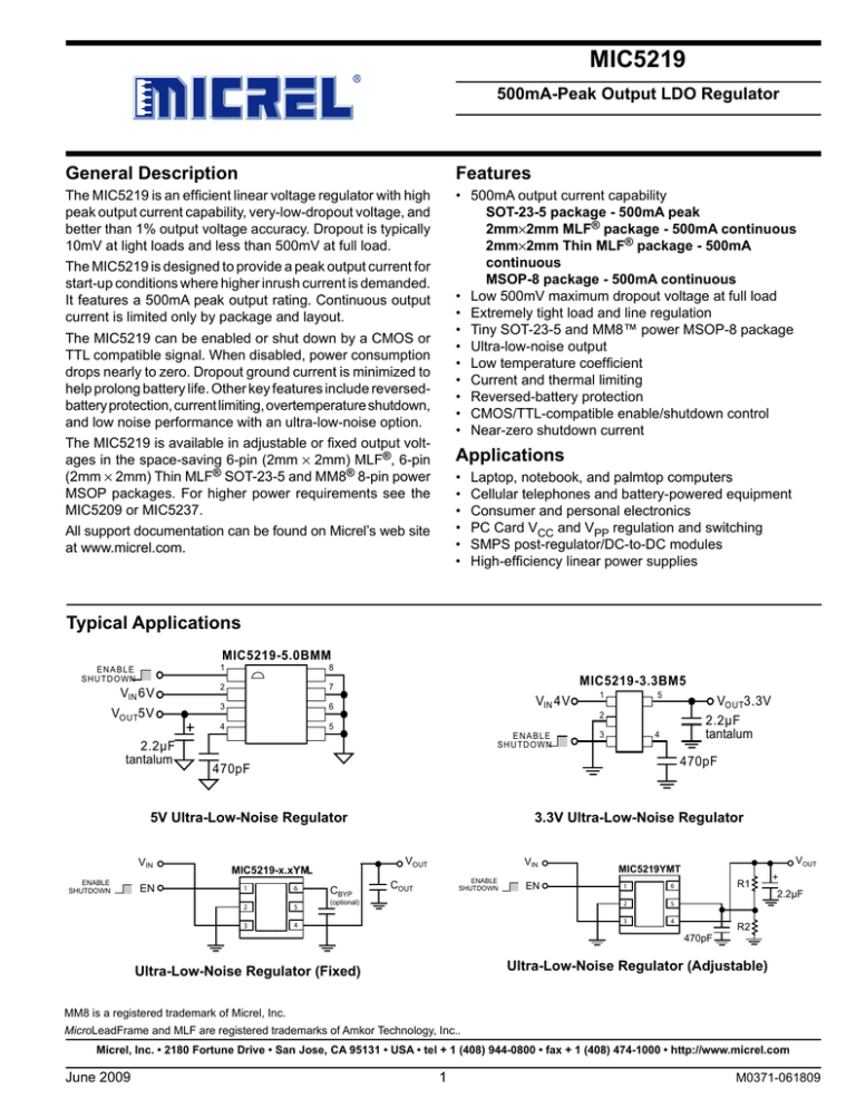 MIC5219: 500mA LDO Regulator Datasheet | Features & Applications