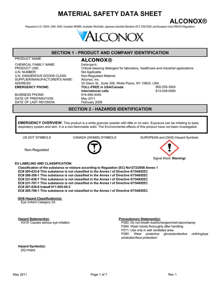 Alconox MSDS: Safety Data Sheet for Lab Detergent