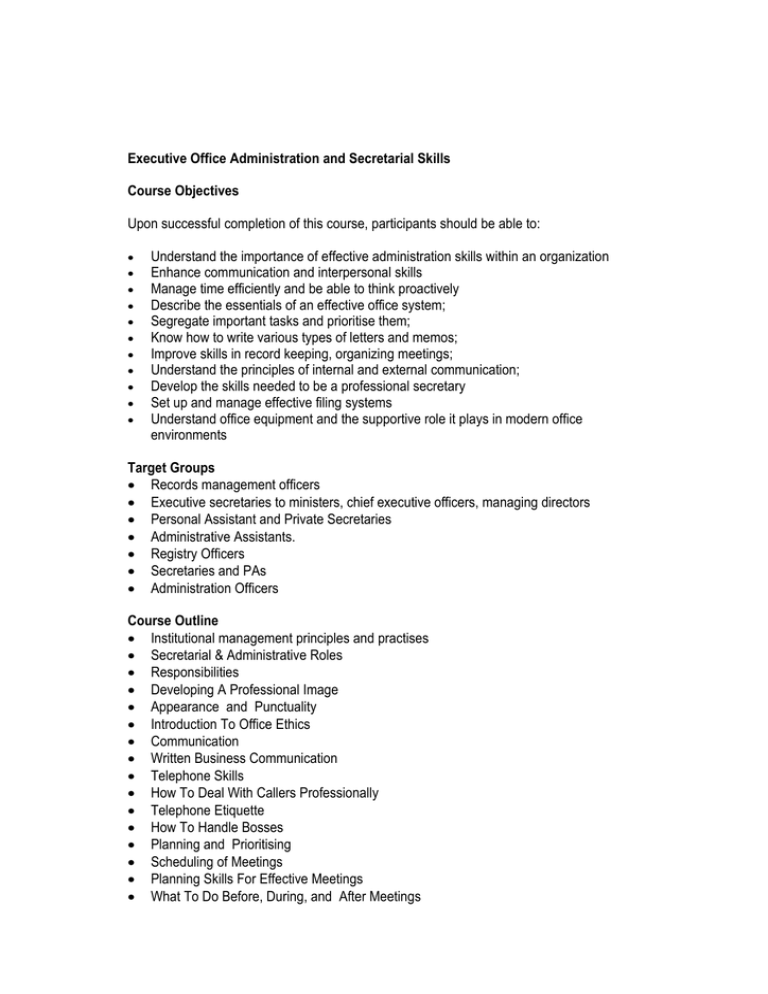 Executive Office Admin & Secretarial Skills Course Outline