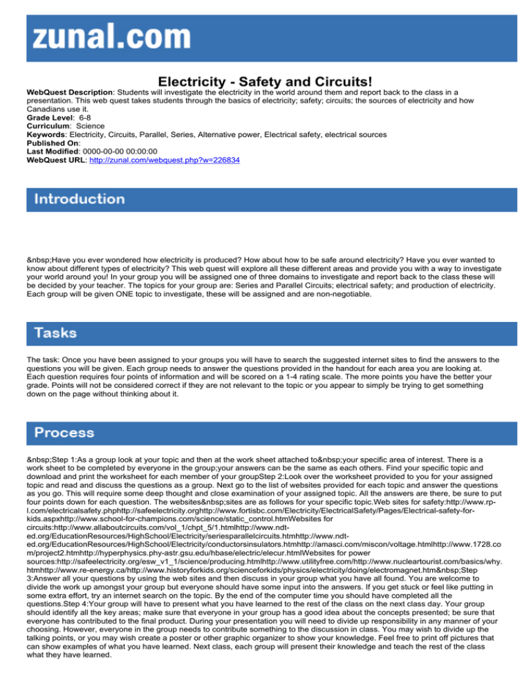 Electricity WebQuest: Safety, Circuits, and Power Sources
