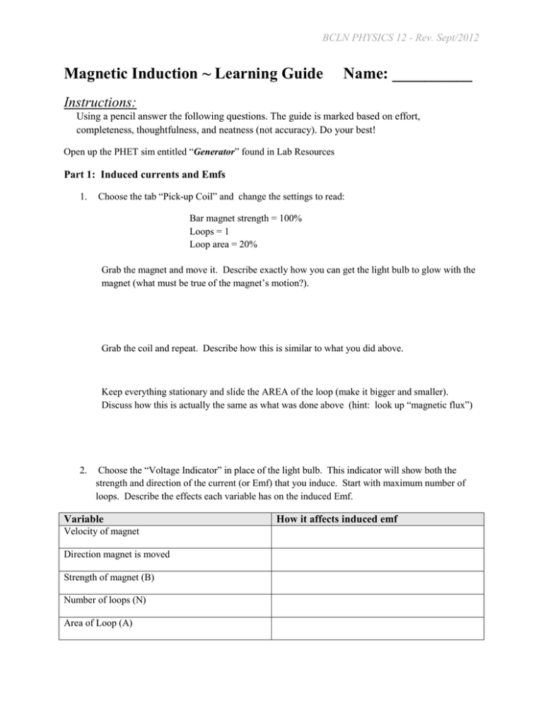 Magnetic Induction ~ Learning Guide Name