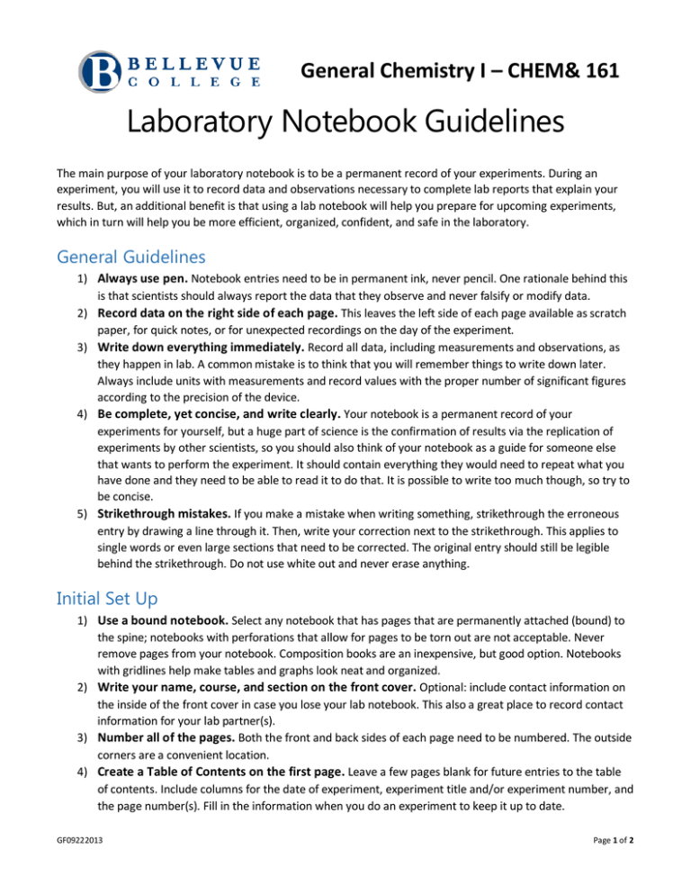 Chemistry Lab Notebook Guidelines - CHEM& 161