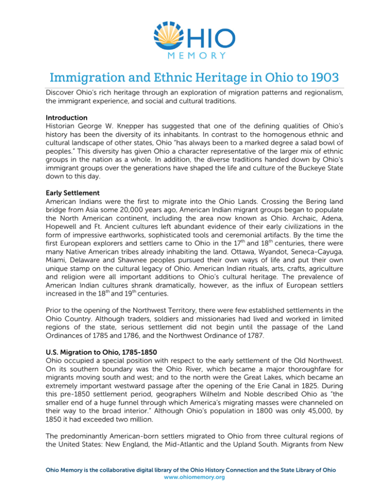 Immigration & Ethnic Heritage in Ohio to 1903