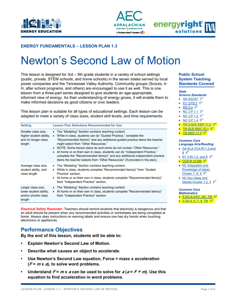 Newton's Second Law of Motion: Lesson Plan for Grades 3-5