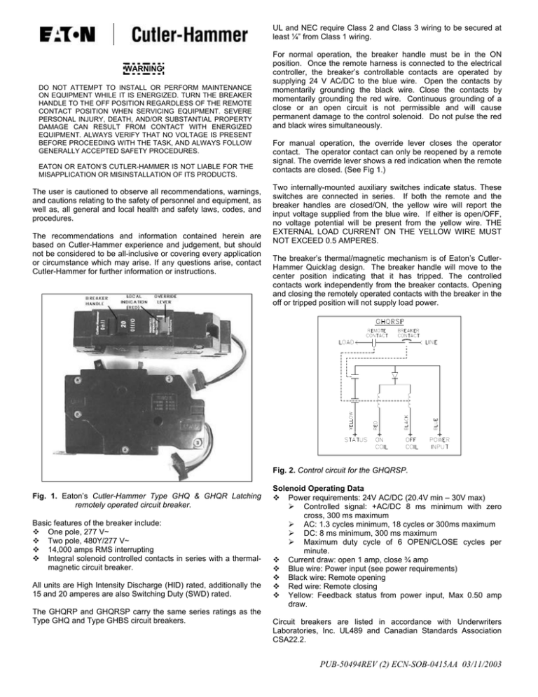 Eaton Cutler-Hammer GHQ & GHQR Circuit Breaker Datasheet