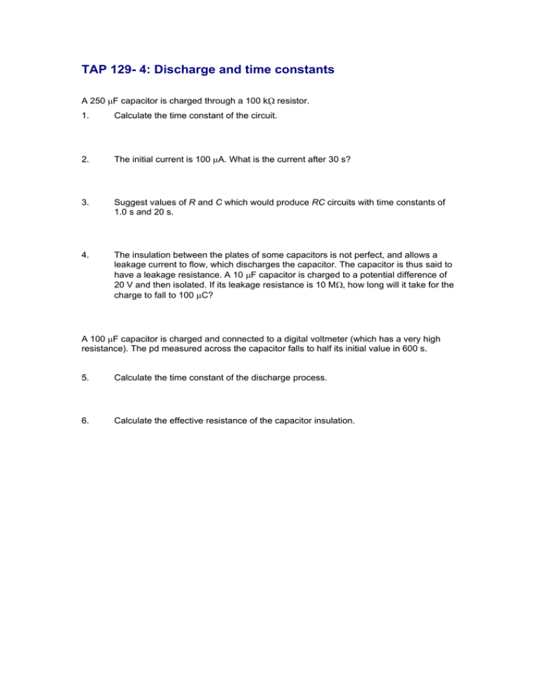 RC Circuits: Discharge and Time Constants Worksheet