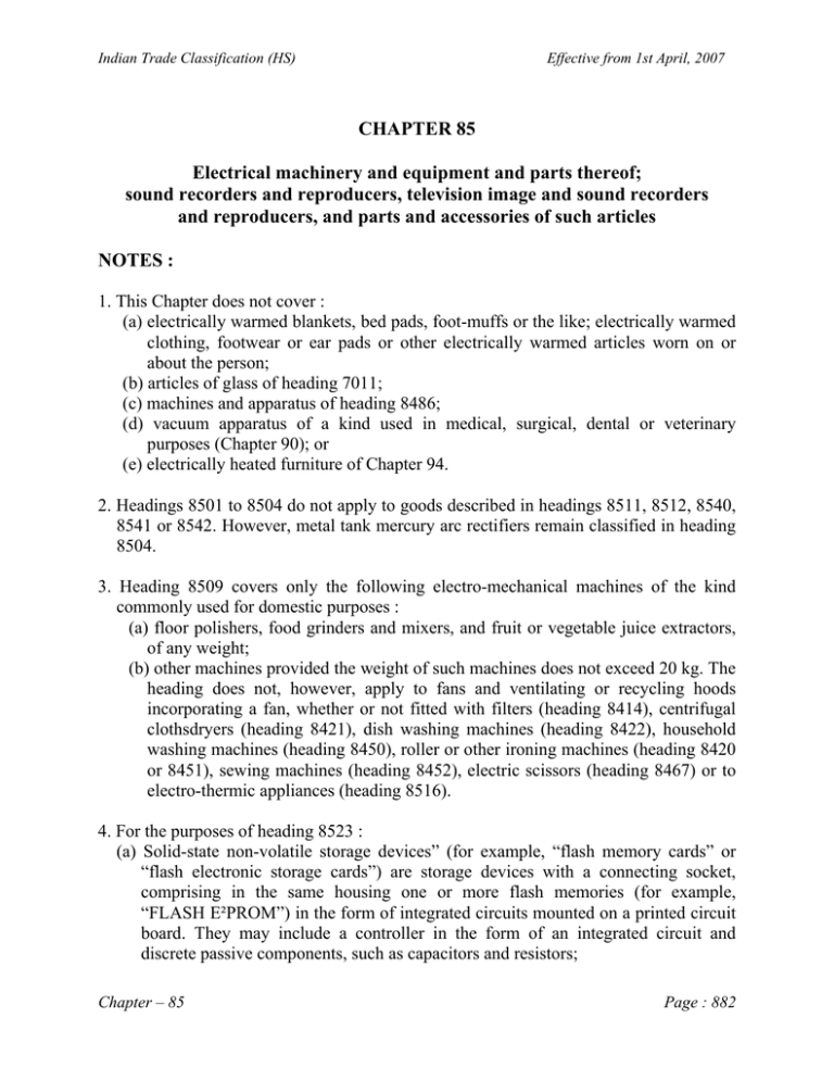 CHAPTER 85 Electrical machinery and equipment and parts thereof