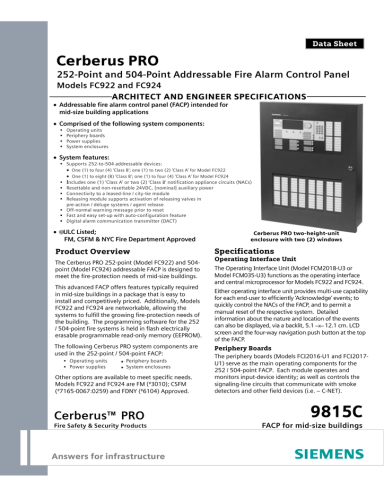 Cerberus PRO Fire Alarm Control Panel Data Sheet FC922 & FC924