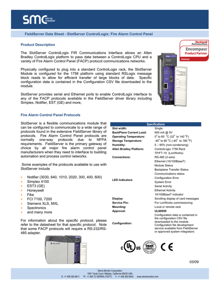 SlotServer ControlLogix: Fire Alarm Control Panel Data Sheet