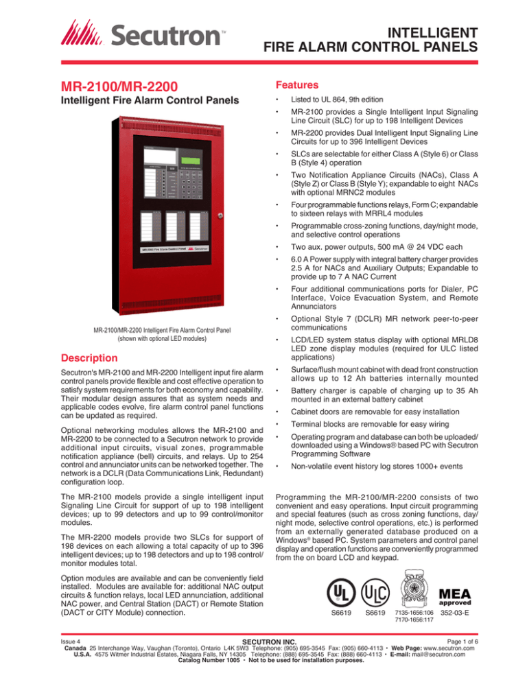 Secutron MR-2100/MR-2200 Fire Alarm Control Panel Datasheet