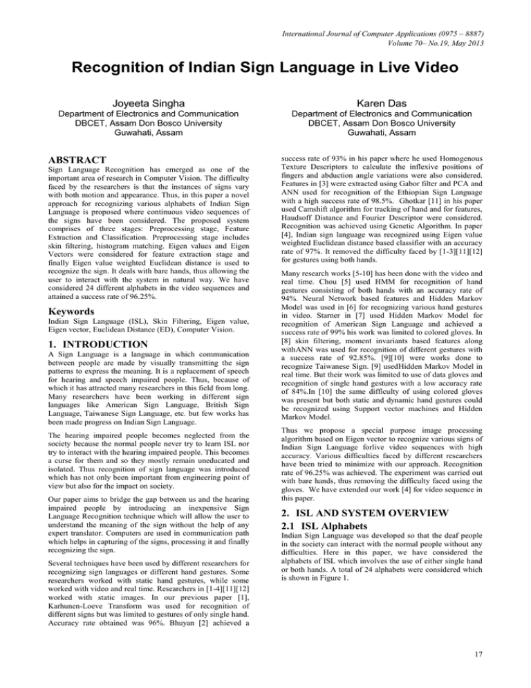 Recognition of Indian Sign Language in Live Video