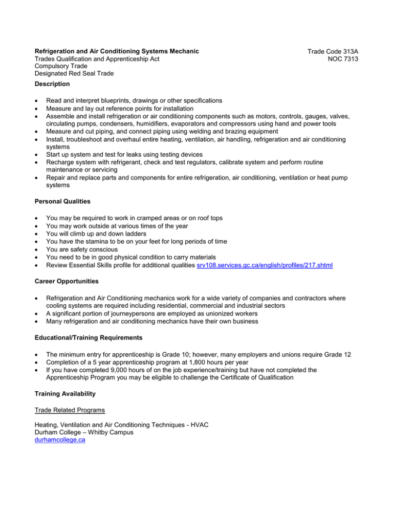 Refrigeration and Air Conditioning Systems Mechanic Trades