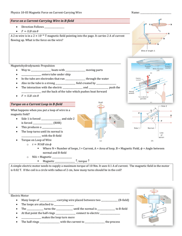 Magnetic Force on Current-Carrying Wire Worksheet