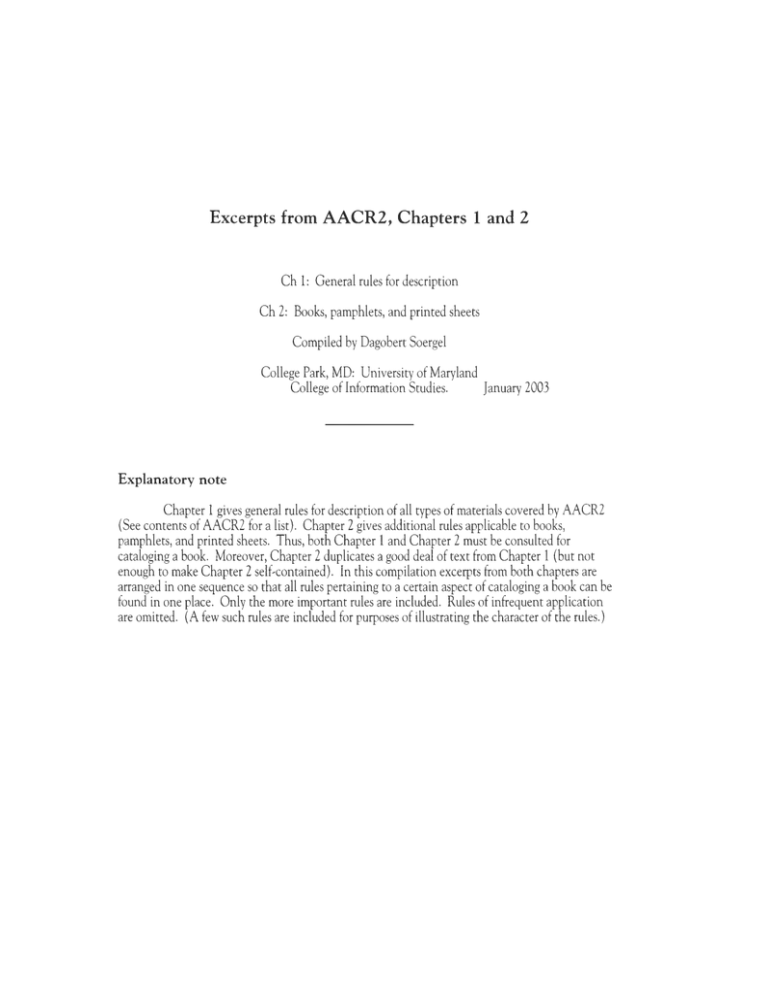 Excerpts from AACR2, Chapters 1 and 2