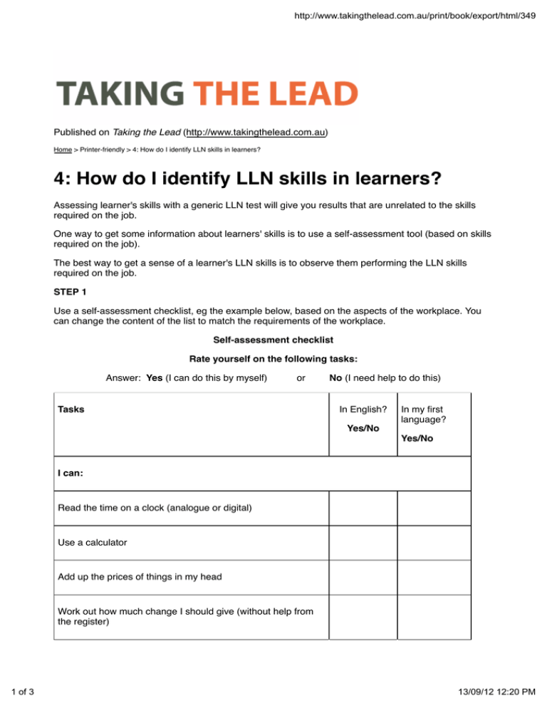 Identify LLN Skills in Learners: Self-Assessment & Observation