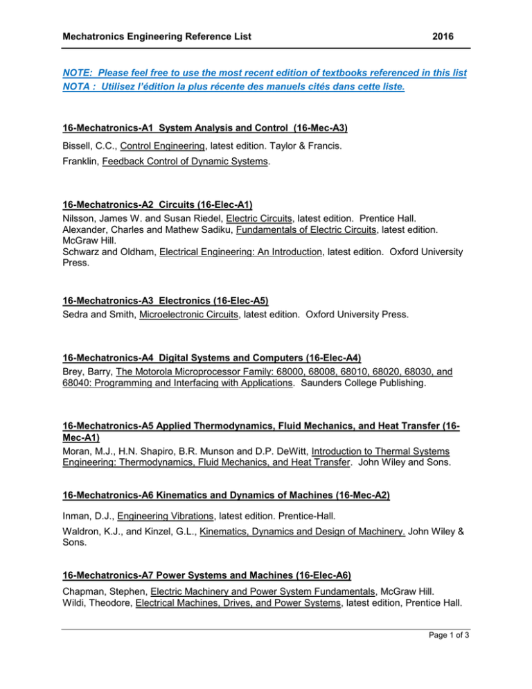 Mechatronics Engineering Reference List 2016