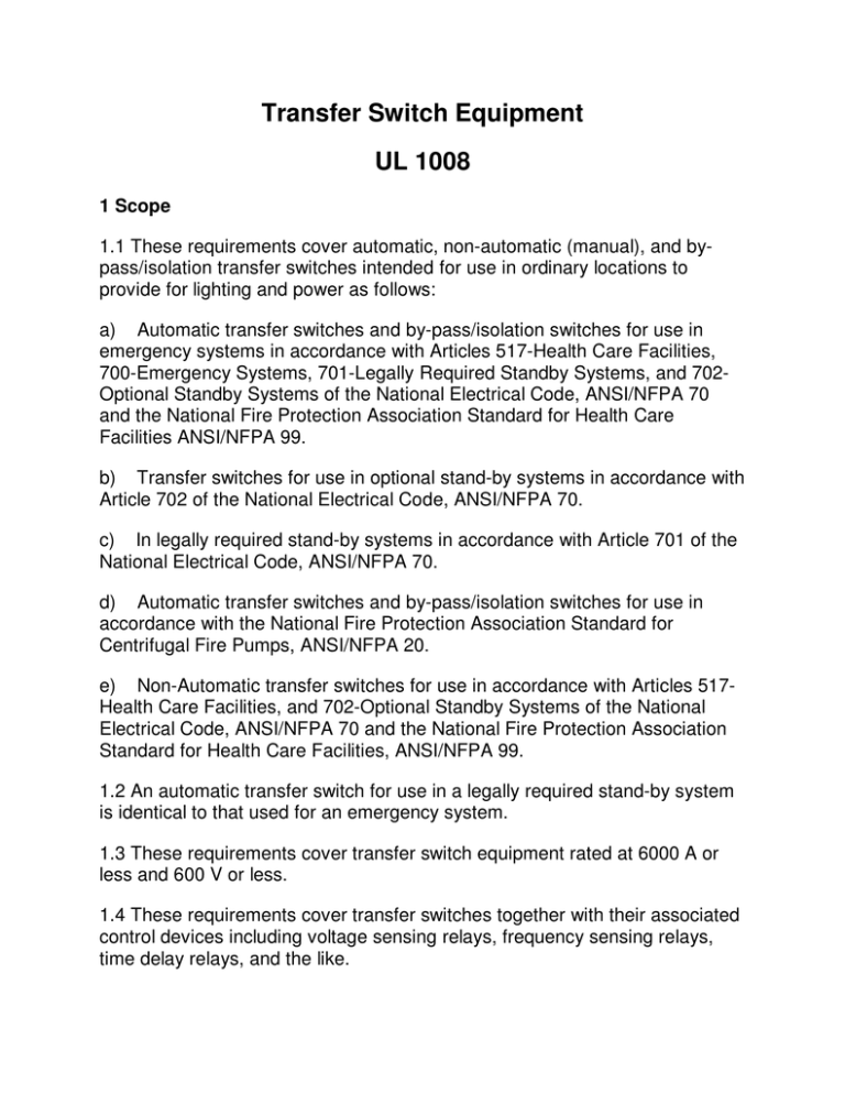 UL 1008: Transfer Switch Equipment Standard