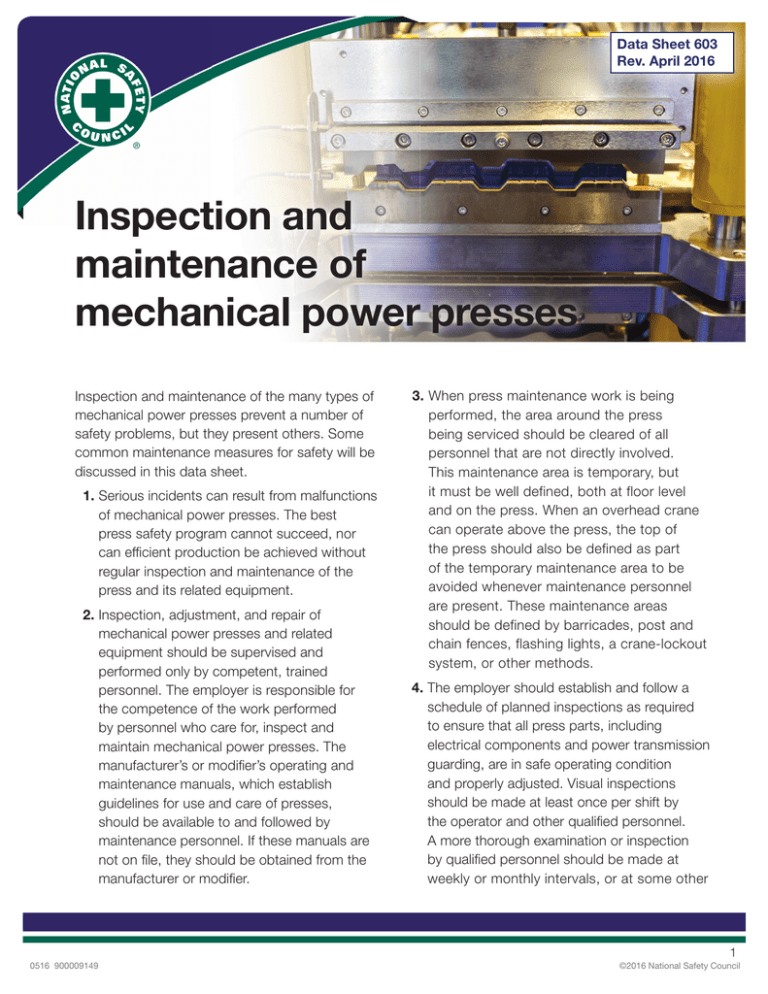 Inspection and maintenance of mechanical power presses