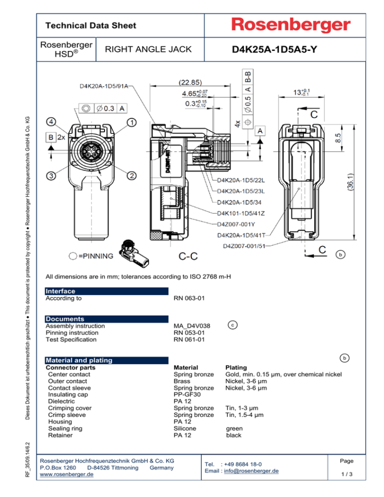 Rosenberger HSD® D4K25A-1D5A5-Y Right Angle Jack Data Sheet