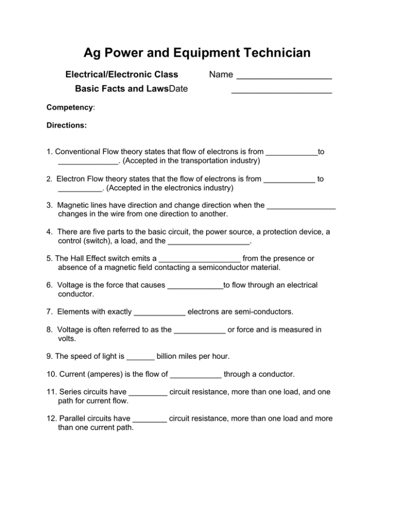 Electrical/Electronic Basics Worksheet for Ag Technicians