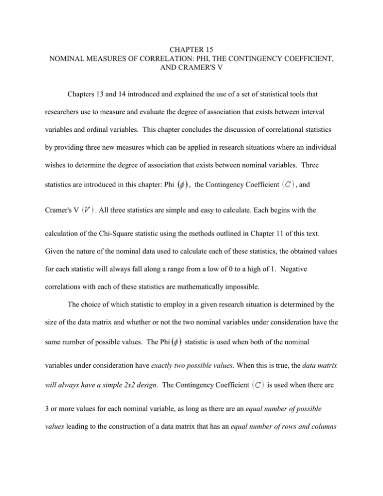 Nominal Correlation: Phi, Contingency Coefficient, Cramer's V