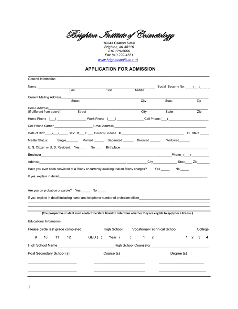 Brighton Cosmetology Institute Application Form