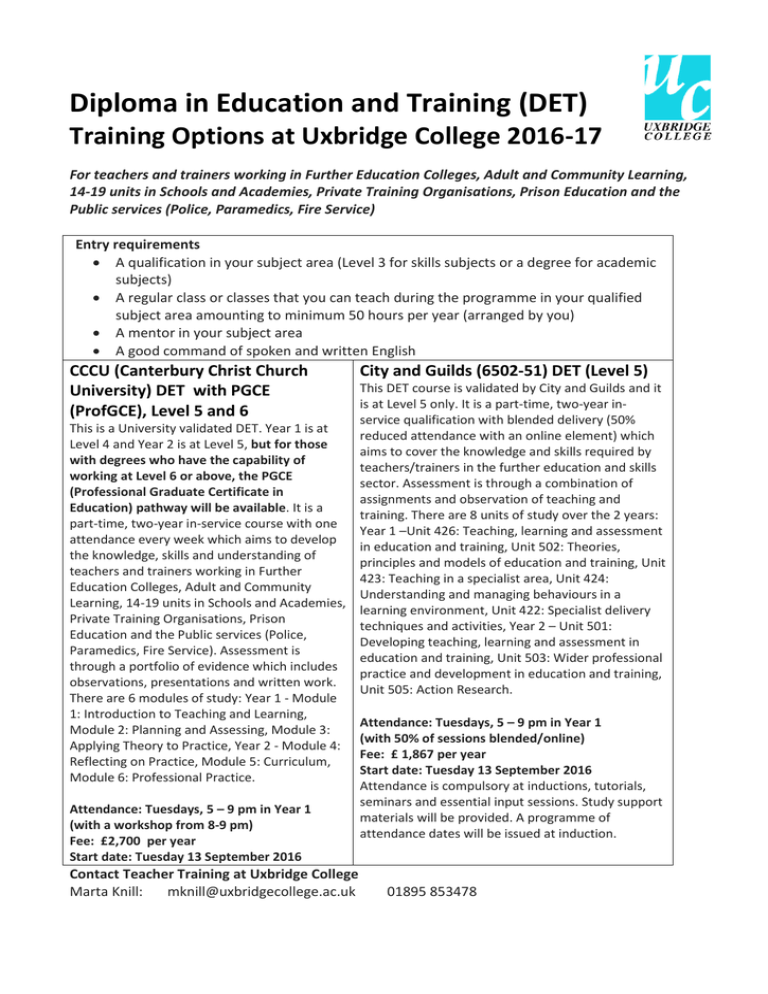 DET Training Options at Uxbridge College 2016-17
