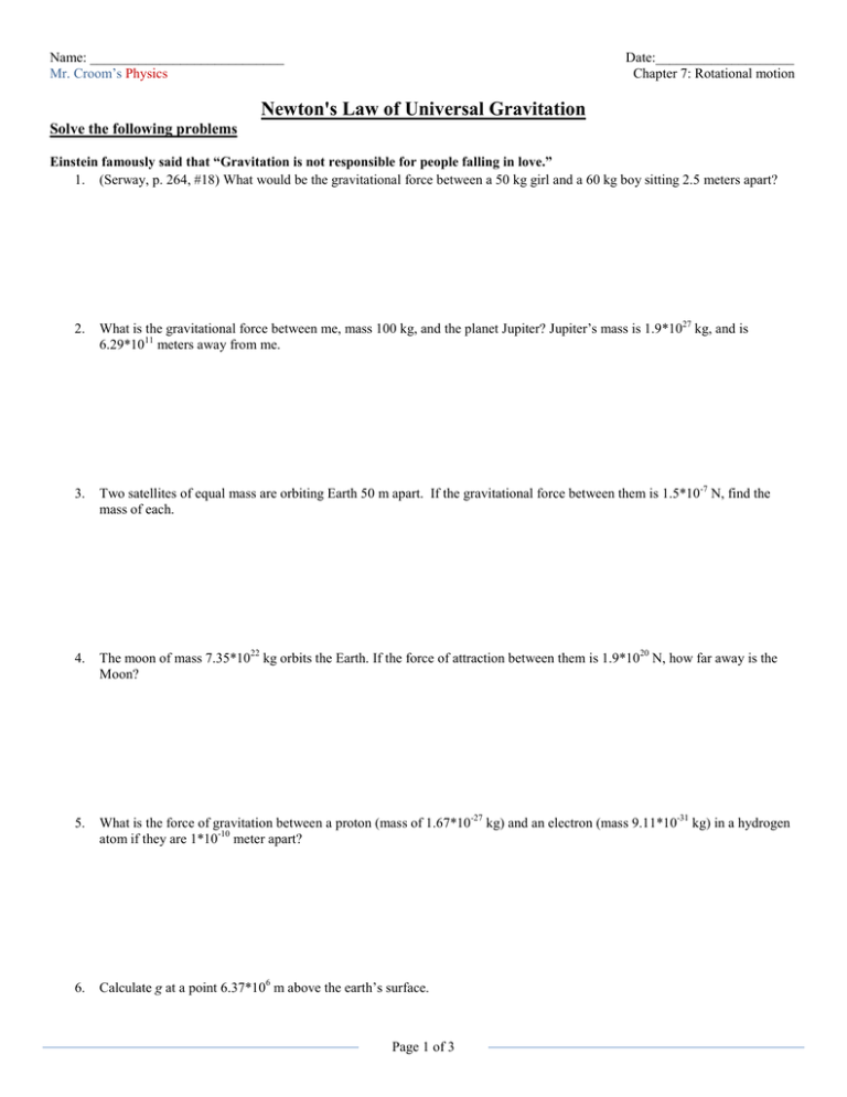 Newton's Law of Gravitation Worksheet